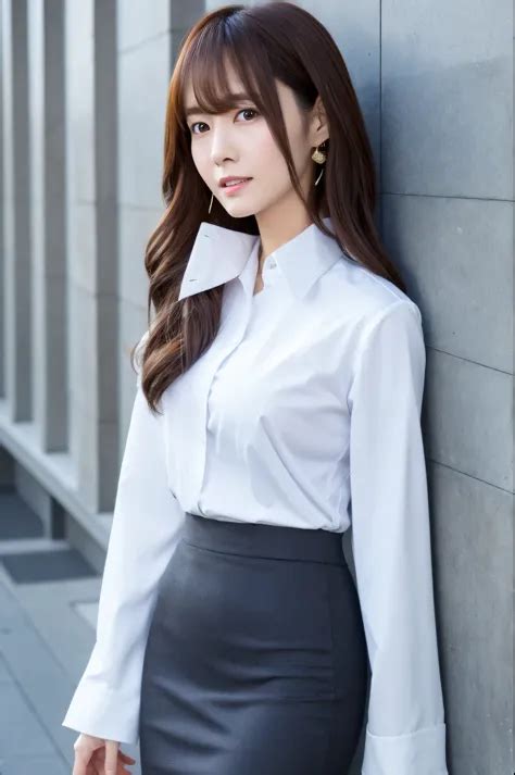 Arafed Asian Woman In A White Shirt And Black Skirt Posing For A