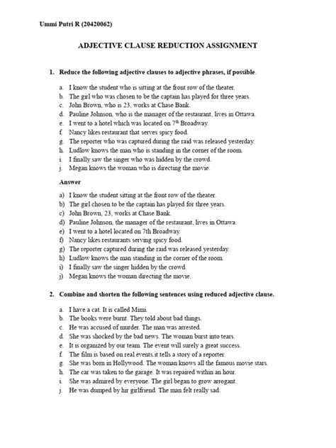Adjective Clause Reduction Assignment Download Free Pdf Linguistics