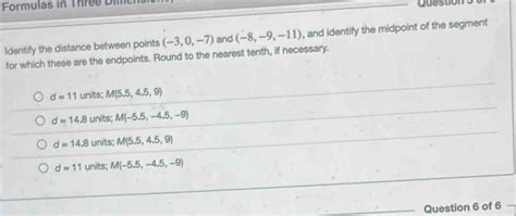 Solved Formulas In Three Dimen Question 9 Identify The Distance