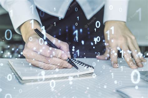premium photo creative abstract binary code hologram and hand writing