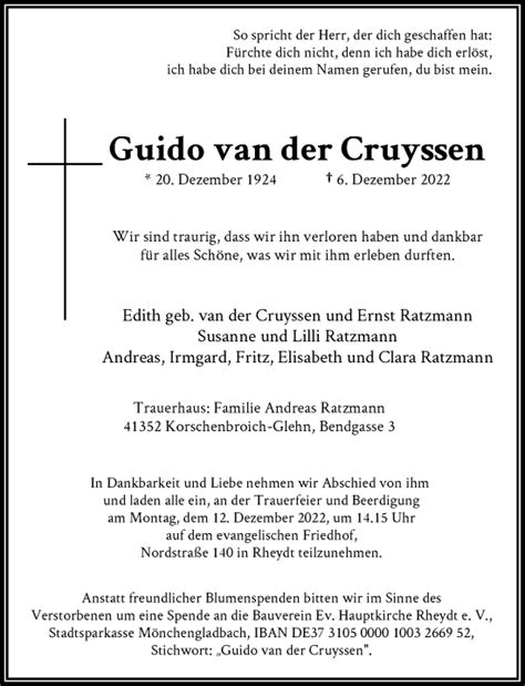Alle Traueranzeigen Für Guido Van Der Cruyssen Trauerrp Onlinede