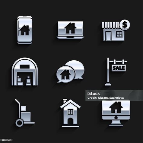 말풍선 홈 기호 스마트 홈이 있는 컴퓨터 모니터 교수형 간판 텍스트 판매 핸드 트럭 및 상자 창고 달러 및 휴대폰 아이콘에 집 건물을 설정합니다 벡터 Brand Name