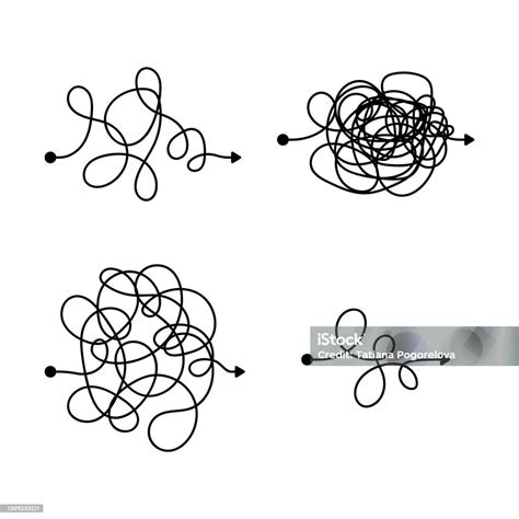 낙서 둥근 요소 혼돈 기호와 복잡한 방법의 벡터 기호 중앙에 Clew 또는 엉킴 볼과 방법 선형 화살표를 전달 개념에 대한 스톡 벡터 아트 및 기타 이미지 Istock