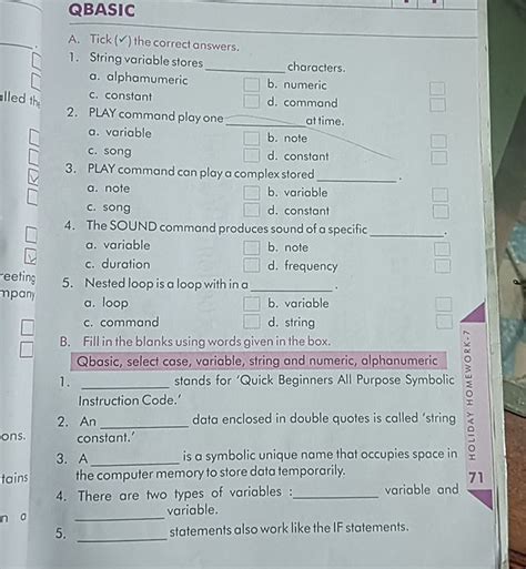 A Tick The Correct Answers 1 String Variable Stores Characters A
