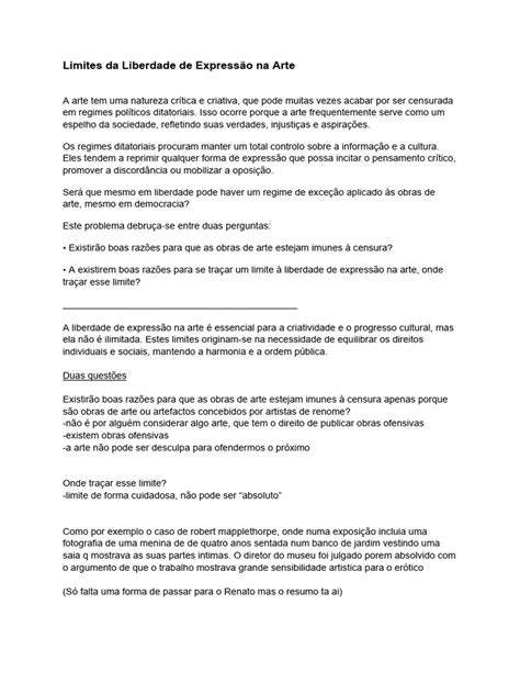 Limites Da Liberdade De Expressão Na Arte Pdf Liberdade De