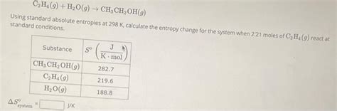 Solved C2H4(g)+H2O(g)→CH3CH2OH(g) Using standard absolute | Chegg.com