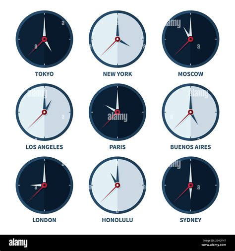 world clocks for time zones of different cities vector set world clocks for time zones of