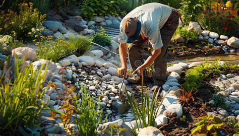 Professional Landscaper Installing Drip Irrigation System In A Newly Developed Modern Rockery
