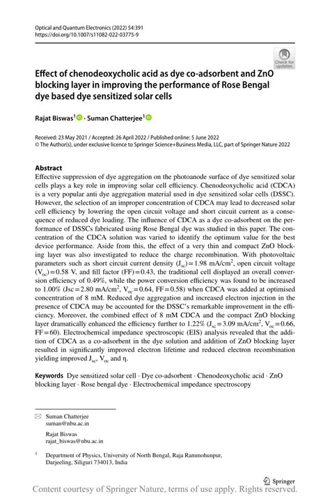 Efect Of Chenodeoxycholic Acid As Dye Coadsorbent And ZnO Blocking