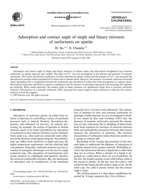 Pdf Adsorption And Contact Angle Of Single And Binary Mixtures Of