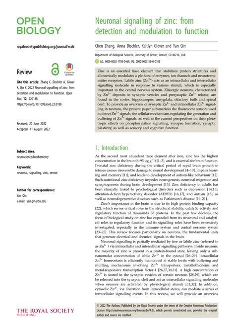 PDF Neuronal Signalling Of Zinc From Detection And Modulation To