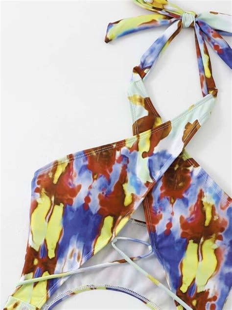 Tie Dye Cut Out Tie Backless Halter One Piece Swimsuit Shein Usa