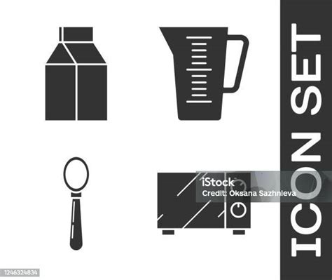 전자 레인지 세트 우유용 종이 패키지 숟가락 및 계량 컵 아이콘 벡터 가정 생활에 대한 스톡 벡터 아트 및 기타 이미지 가정 생활 가정 주방 가정의 방 Istock
