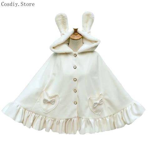 후드 모피 케이프 코트 로리타 여성 겨울 귀여운 후디 트위드 고딕 목도리 망토 달콤한 토끼 판초 아웃웨어 소녀를 위한 귀여운 따뜻한 양털 로리타 드레스 Aliexpress