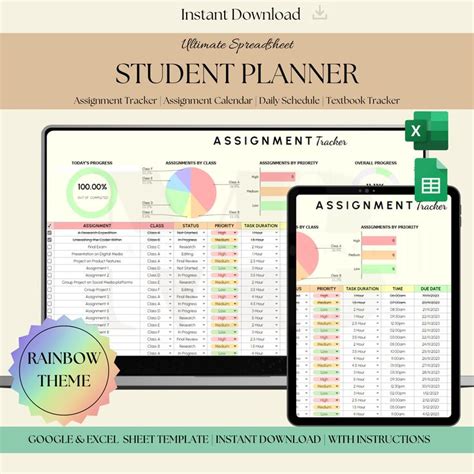 Student Planner Assignment Tracker Google Sheets Excel College