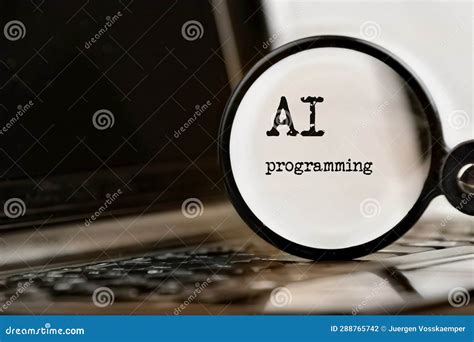 Ai Programming Technology Demonstrated With Laptop Text And Magnifying Glass And Command Prompt