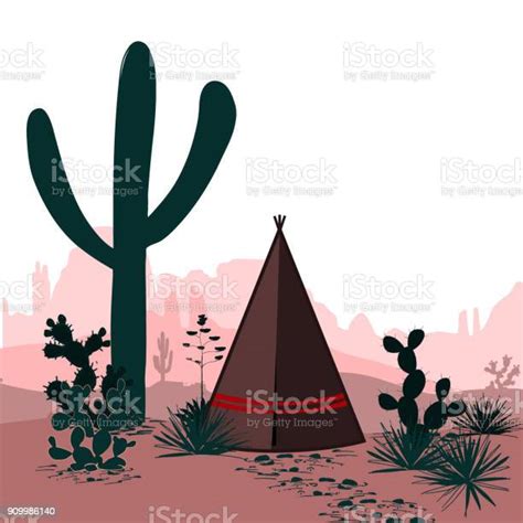사막 Tepee 선인장 벡터 배너 Silhouetted 산 와일드 웨스트입니다 만화 그림입니다 파노라마입니다 0명에 대한 스톡