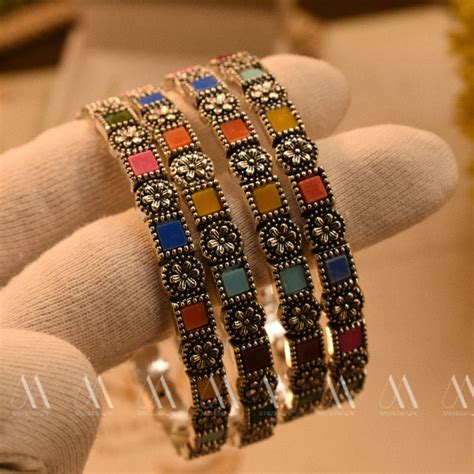 Beautiful Unique Design Real Stones 4pc Bangles Set For Girlswomen