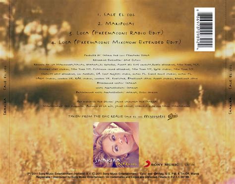 Carátula Trasera De Shakira Sale El Sol Cd Single Portada