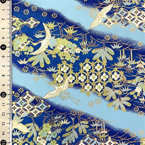 華やかな友禅和紙 青のぼかしに鶴 七宝 小花 大判 菊判 約6 3x93cm 千代紙 Aotsuru2kd 森田和紙オンラインショップ