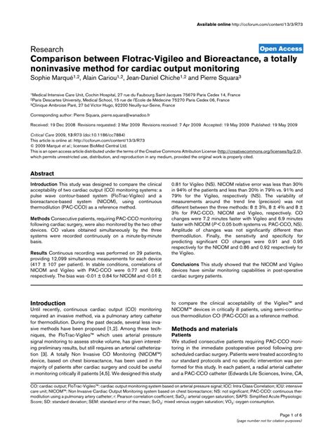 Pdf Comparison Between Flotrac Vigileo And Bioreactance A Totally Noninvasive Method For