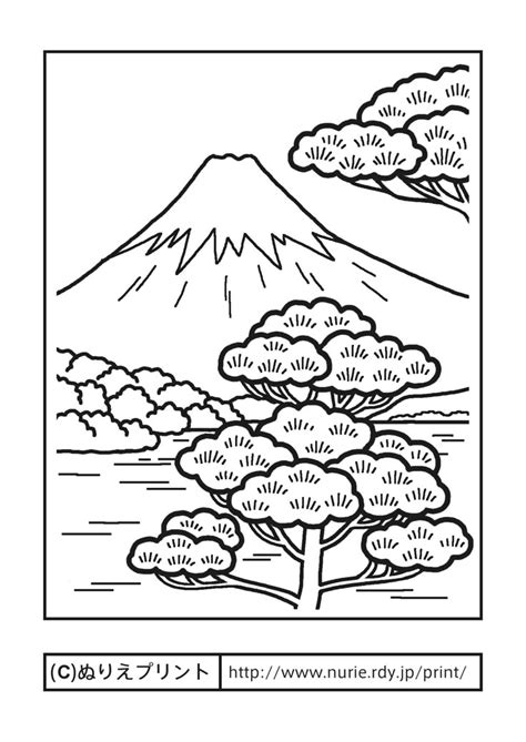 富士山と桜 主線・黒 日本の名所 風景の塗り絵【ぬりえプリント】 塗り絵 塗り絵 無料 花 塗り絵 秋
