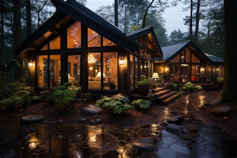 Premium Photo Exterior View Of A Modern Log Cabin At Night