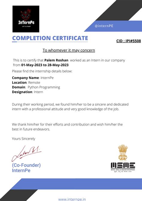 Completed Python Programming Domain As A Intern In Internpe Roshan Palem