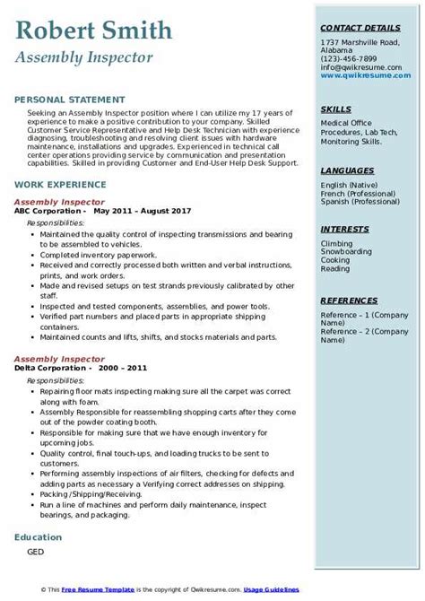 10 Assembly Inspector Resume Samples And Templates For 2025