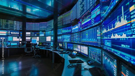 High Tech Control Room With Multiple Screens And Data Displays Stock