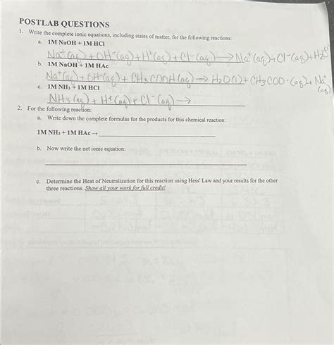Postlab Questionswrite The Complete Ionic Equations
