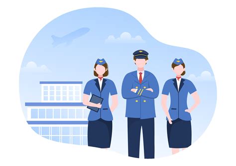 Pilot Cartoon Vector Illustration With Airplane Air Hostess City Or