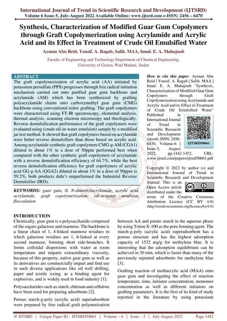 Synthesis Characterization Of Modified Guar Gum Copolymers Through Graft Copolymerization Using