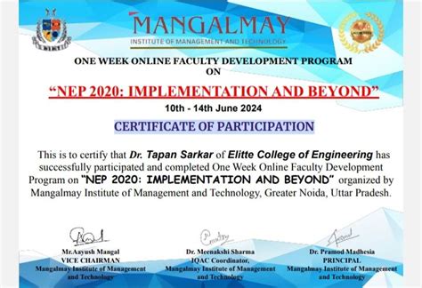Dr Tapan Sarkar On Linkedin Fdp Nep2020 Implementation And Beyond Certificate Held On 10