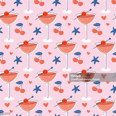 칵테일 원활한 패턴입니다 상쾌한 음료 한 잔과 함께 복고풍 배경 여름 해변 휴가 컨셉입니다 평면 스타일 벡터 일러스트 레이 션입니다 0명에 대한 스톡 벡터 아트 및 기타