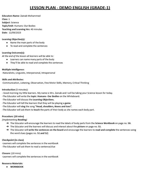 Lesson Plan Demo Science Grade 1 Pdf