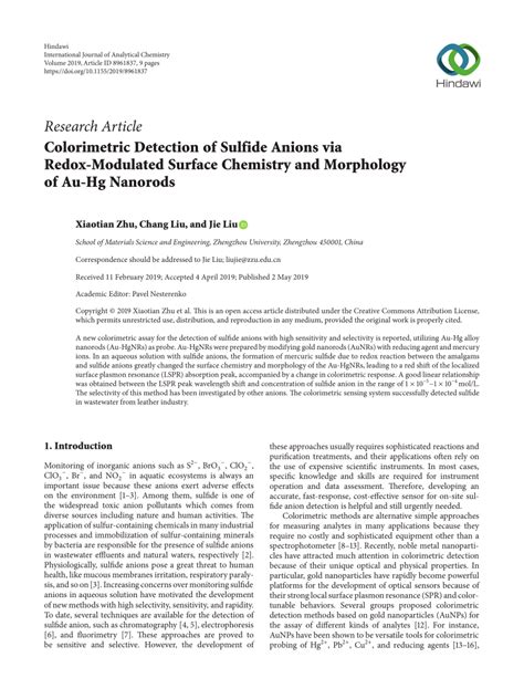 Pdf Colorimetric Detection Of Sulfide Anions Via Redox Modulated Surface Chemistry And