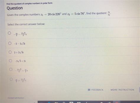 solved find the quotient of complex numbers in polar form