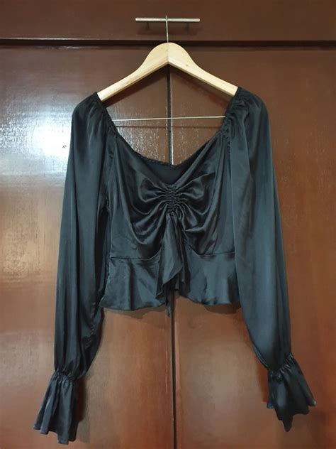 Ruched Bell Sleeve Satin Crop Womens Fashion Tops Longsleeves On