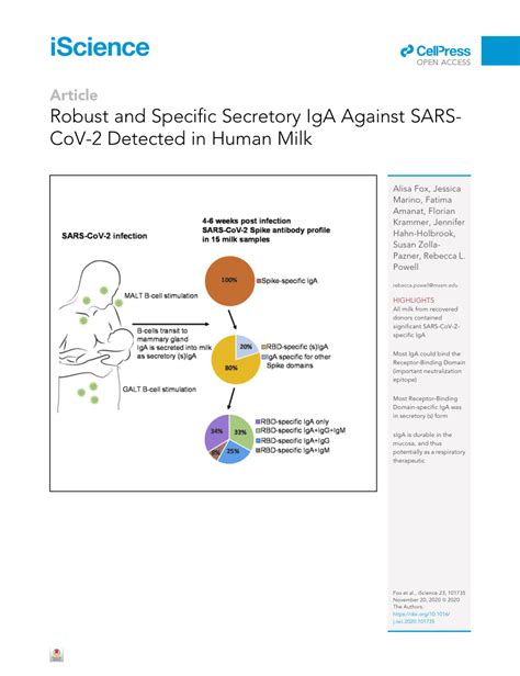 PDF Robust And Specific Secretory IgA Against SARS CoV Detected In Human Milk