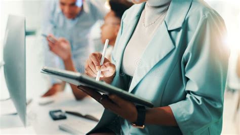 Tablet Pen And Hands Of Woman In Office With Notes For Web Development