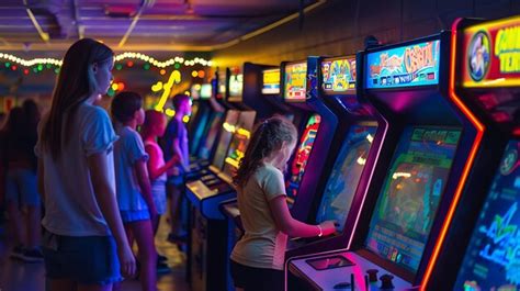 Young Girl Playing An Arcade Game At An Amusement Park Premium Ai