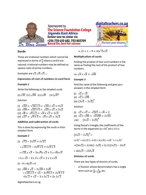 A Level Math Paper 1 Surds Pdf Square Root Mathematical Analysis
