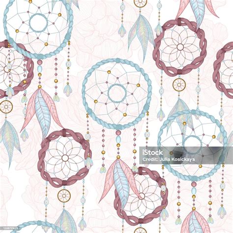 벡터 손으로 그린 매끄러운 패턴과 꿈 포수와 깃털 손으로 그린 보헤미안 스타일 요소 깃털과 드림 캐처와 부족 배경 포장 섬유 또는 인쇄 디자인에 최적 0명에 대한 스톡 벡터
