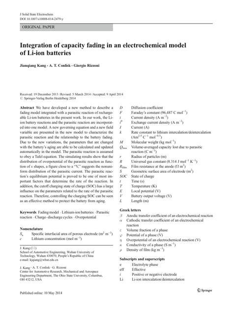 Integration Of Capacity Fading In An Electrochemical Model Of Li Ion Batteries Pdf Lithium