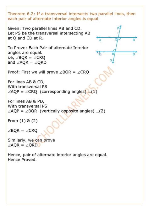 Theorem Class If A Transversal Intersects Two Parallel Lines Then Each Pair Of Alternate
