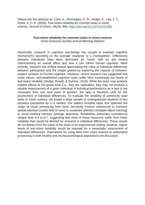 Pdf Test Retest Reliability For Common Tasks In Vision Science