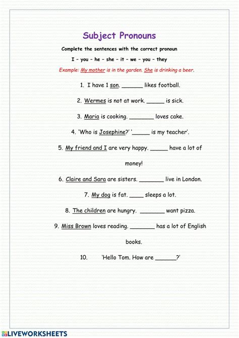 Subject Pronouns Ficha Online Y En Pdf First Grade Worksheets Social