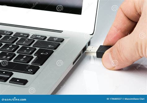 Inserting Usb Key Or Cable Into A Laptop Computer Stock Image Image Of Hardware Hand