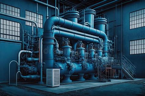 Industrial Modern 4 0 Factory With Pipes And Pumps In Deep Blue Tones